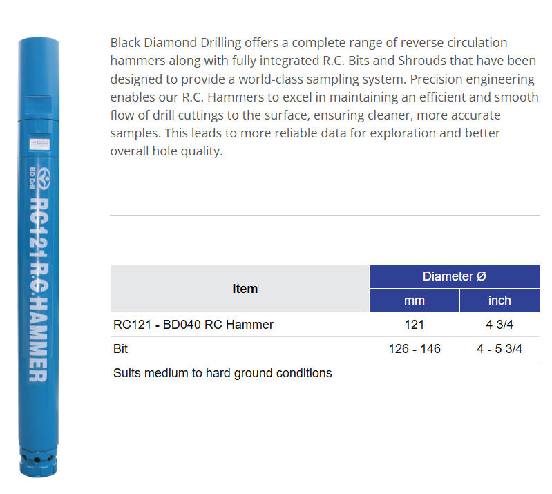 RC121 - BD040 RC Reverse Circulation Hammer - Black Diamond Drilling Canada